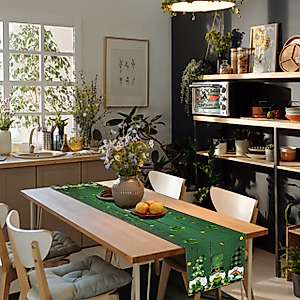 Flyart St Patricks Day Table Runner, Spring Green Gnome Shamrock Decor Table Runners for Kitchen Dining Coffee Home Wedding Parties, Holiday Burlap Table Runners for St Patrick Decor (13x36 inch)