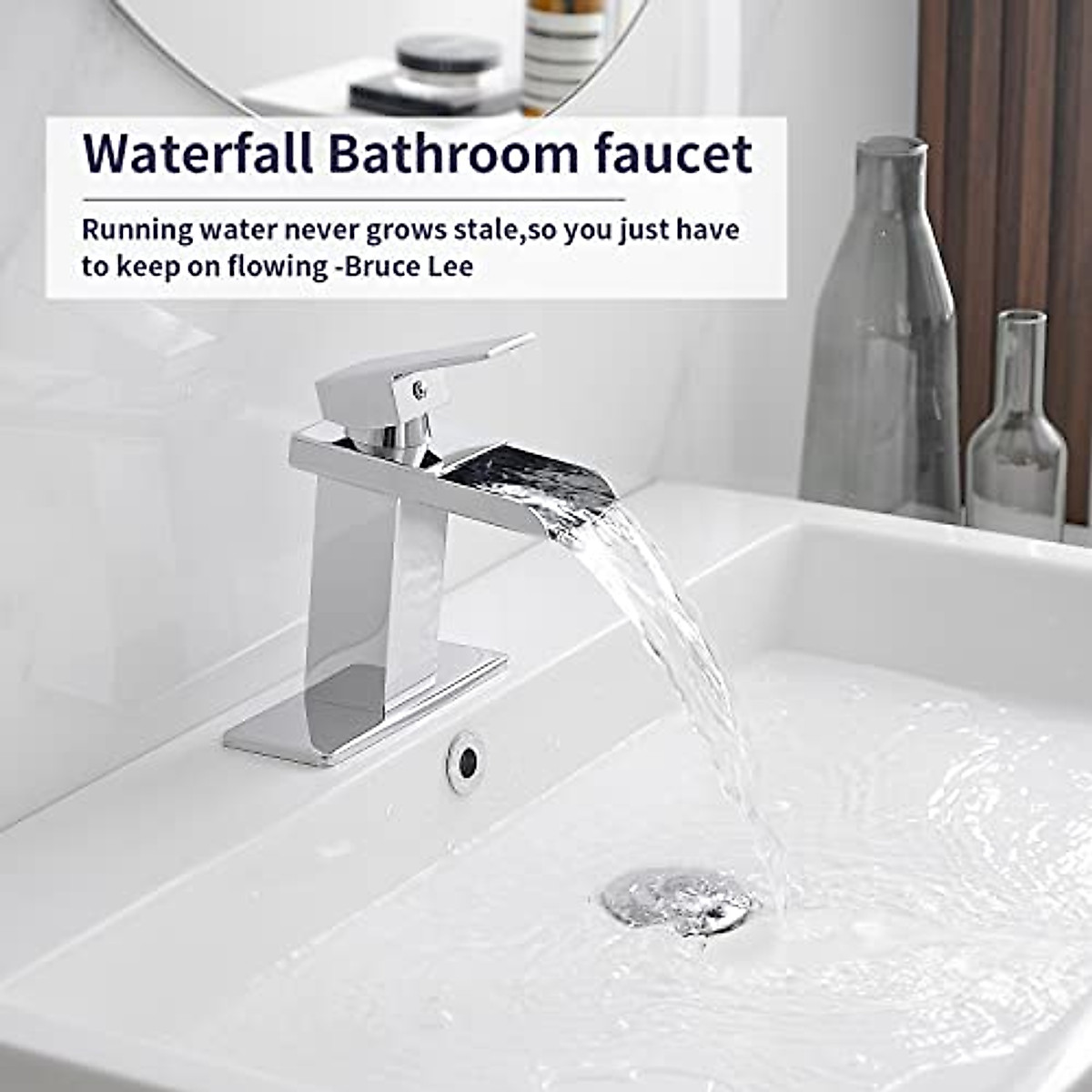 BWE Waterfall Bathroom Faucet Chrome Polished Modern Sink Bath Single Hole Handle Lavatory Vanity Washbasin Mixer Tap Brass Material with Water Faucets Supply Hose