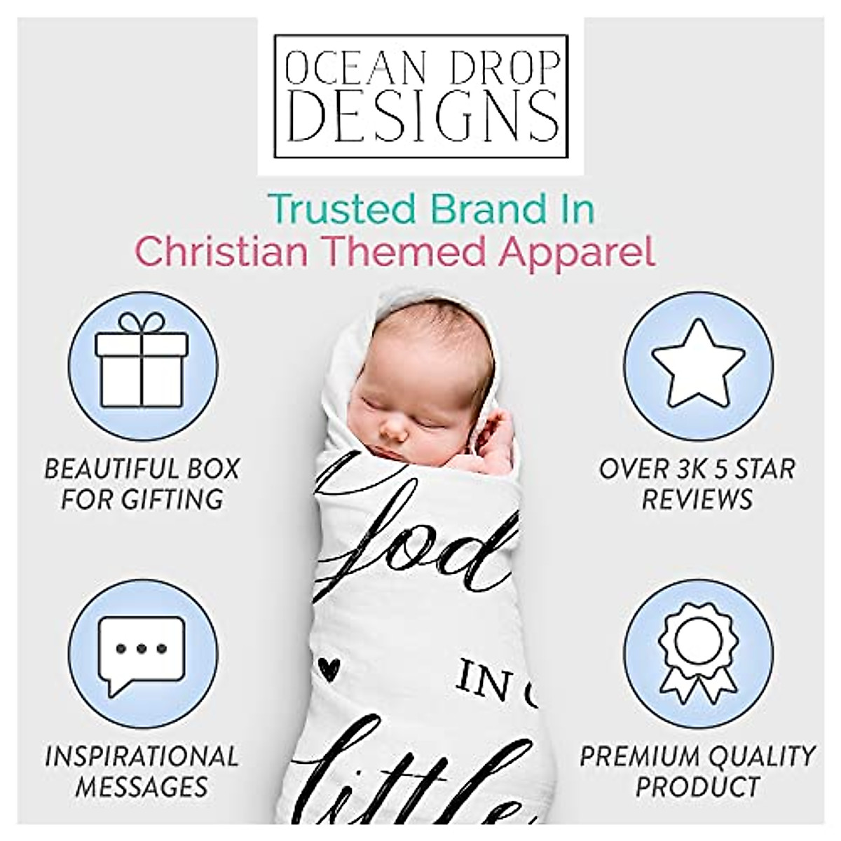Ocean Drop 100% Cotton Muslin Swaddle Baby Blanket - God’s Grace’ Quote with Gift Box for Baptism, Christening Gift, Godson, Goddaughter, Neutral, Baby Shower – Super Soft, Breathable, Large 47x47”