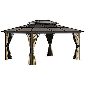 Outsunny 11' x 15' Hardtop Gazebo Canopy with Polycarbonate Roof, Aluminum Frame, Permanent Pavilion Outdoor Gazebo with Netting, for Patio, Garden, Backyard, Deck, Lawn, Beige