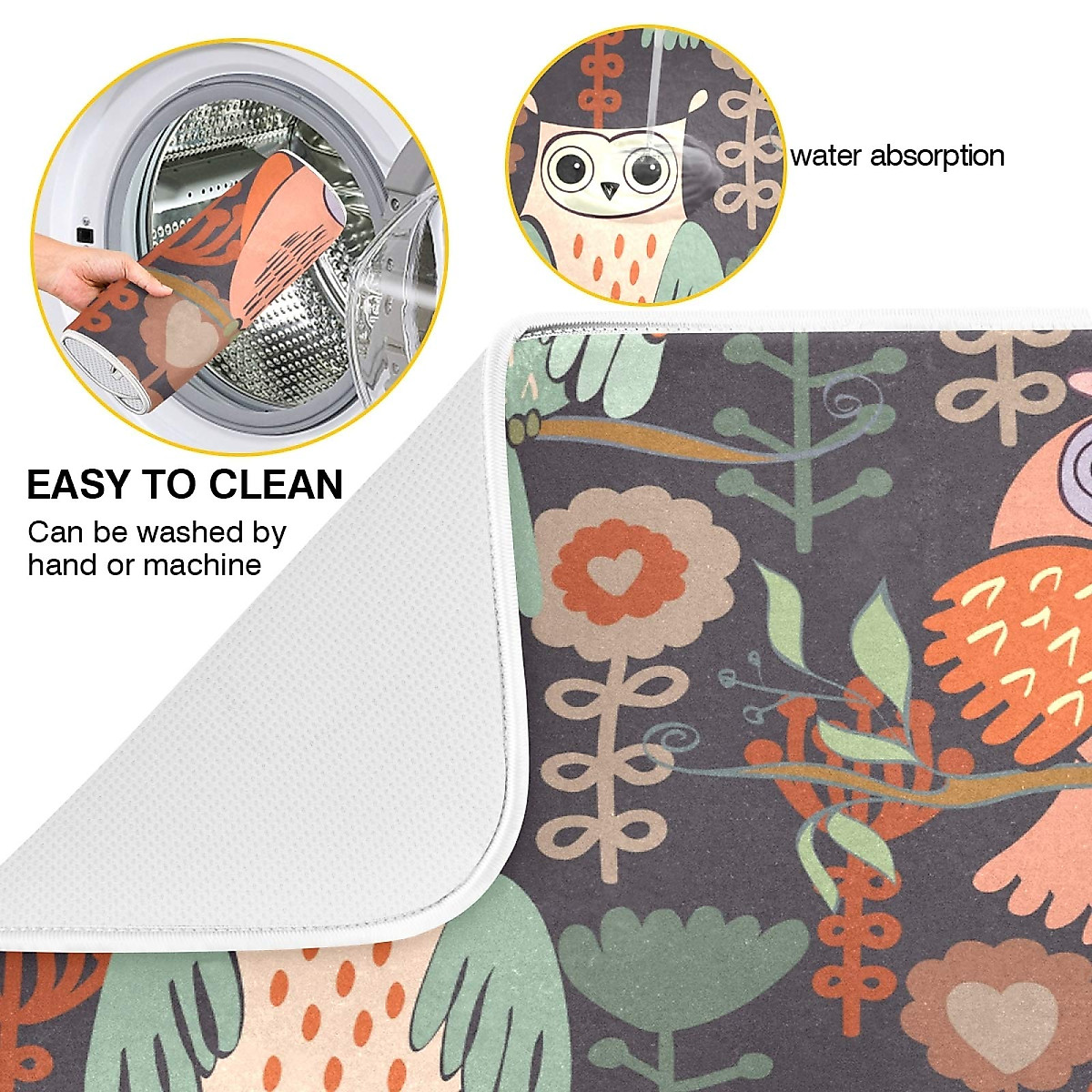 OTVEE Owl Printed Machine Washable Absorbet Dish Drying Mat Kitchen Counter Pad Cute Animal Heat Resistant Microfiber Counter Protector with Hanging Loop, 16X18inch
