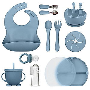 Silicone Baby Feeding Set 14 Pcs -Baby Lid Weaning Supplies include Divided Plate with Lid, Cup, Adjustable Bib, Toddler Spoons and Forks, Perfect for Self-Feeding with Fruit Feeder (BLUE)