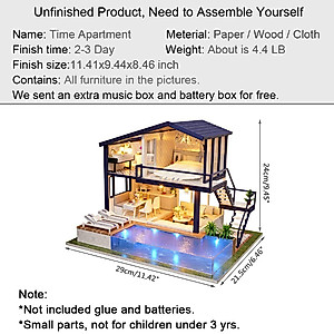DIY Miniature Dollhouse Kit,UniHobby Time Apartment DIY Dollhouse Kit with Wooden Furniture Light Gift House Toy for Adults