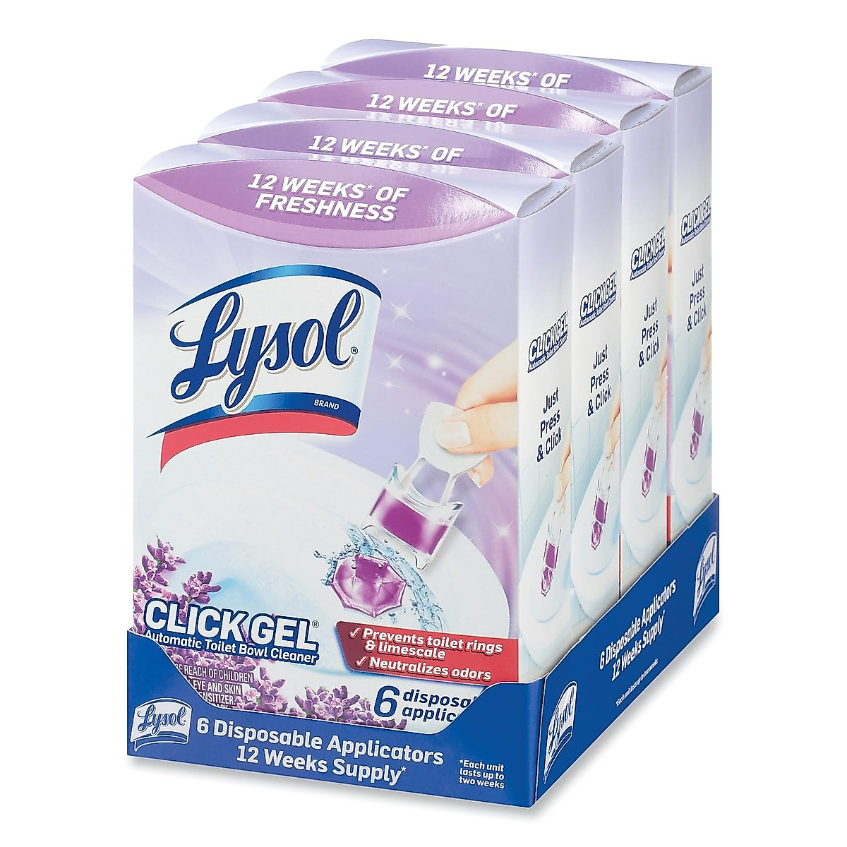 Lysol Click Gel Automatic Toilet Bowl Cleaner, Gel Toilet Bowl Cleaner, For Cleaning and Refreshing, Lavender Fields, 6 Applicators