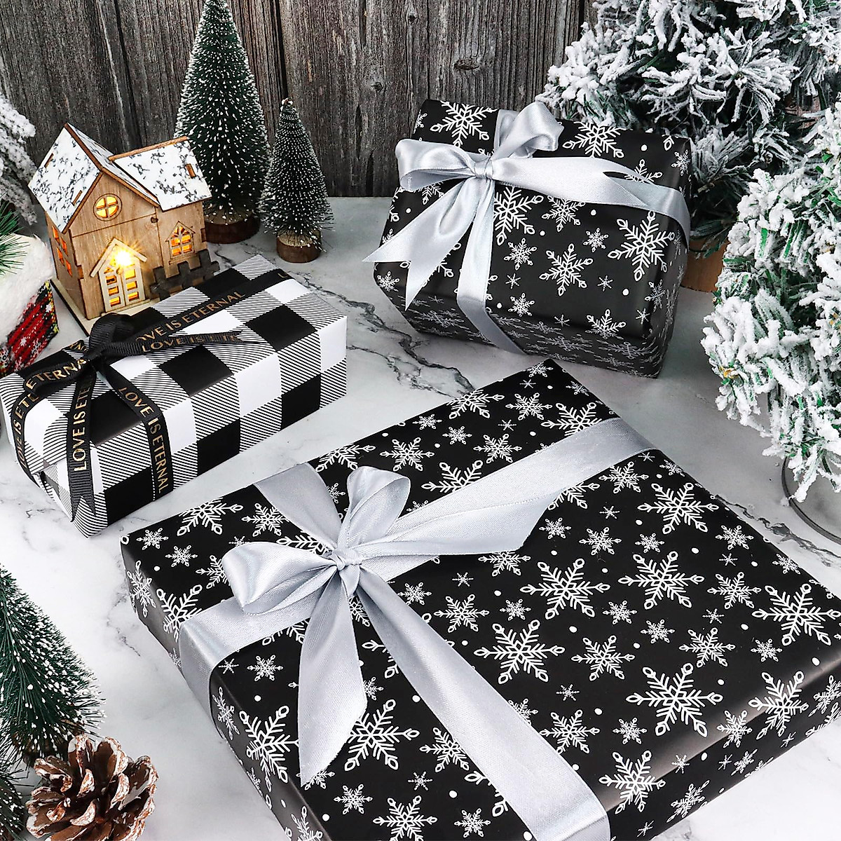 FIEHALA Reversible Christmas Wrapping Paper Jumbo Roll - Black Buffalo Plaid & Snowflakes Patterns - 30 inches x 100 Feet