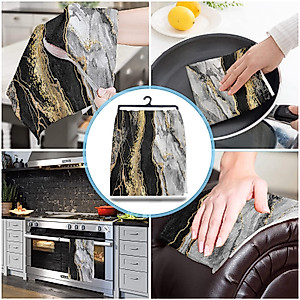 Gehucoxee Kitchen Towels Set of 2, Ombre Black Grey Marble Absorbent Dish Towel Microfiber Hand Dish Cloths for Drying Reusable Cleaning Cloths 18x28in Abstract Gold Crack Art Ink Painting