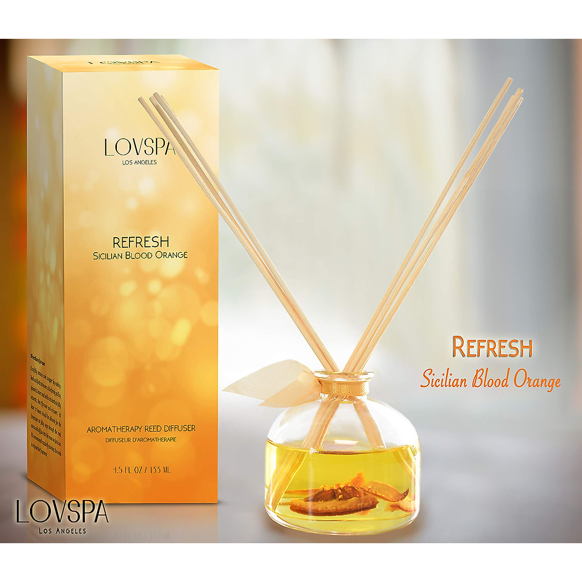 LOVSPA Refresh Sicilian Blood Orange Citrus Essential Oil Reed Diffuser Set with Real Orange Pieces! Aromatherapy Fragrance Room Air Freshener