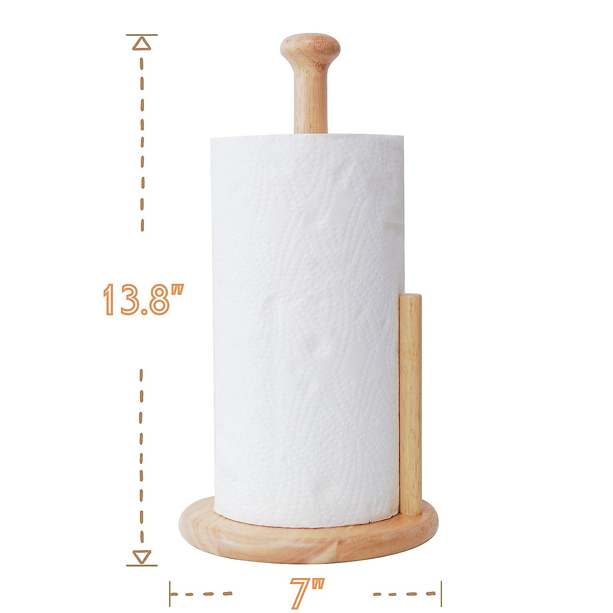 E-ROOM TREND Paper Towel Holder Large Base Dia 7" Wooden Natural Color Countertop with Rubber Wood Round Base Kitchen Bathroom Roll Organizer Wooden Paper Holder Stand for Dining Table Home (ZJ281Y)