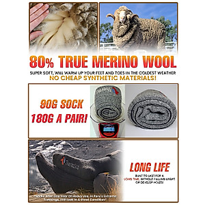 Luxury Thermal 80% True Merino Wool Socks-Over Calf, For Boots, Hiking,Ski &Home Black Gray