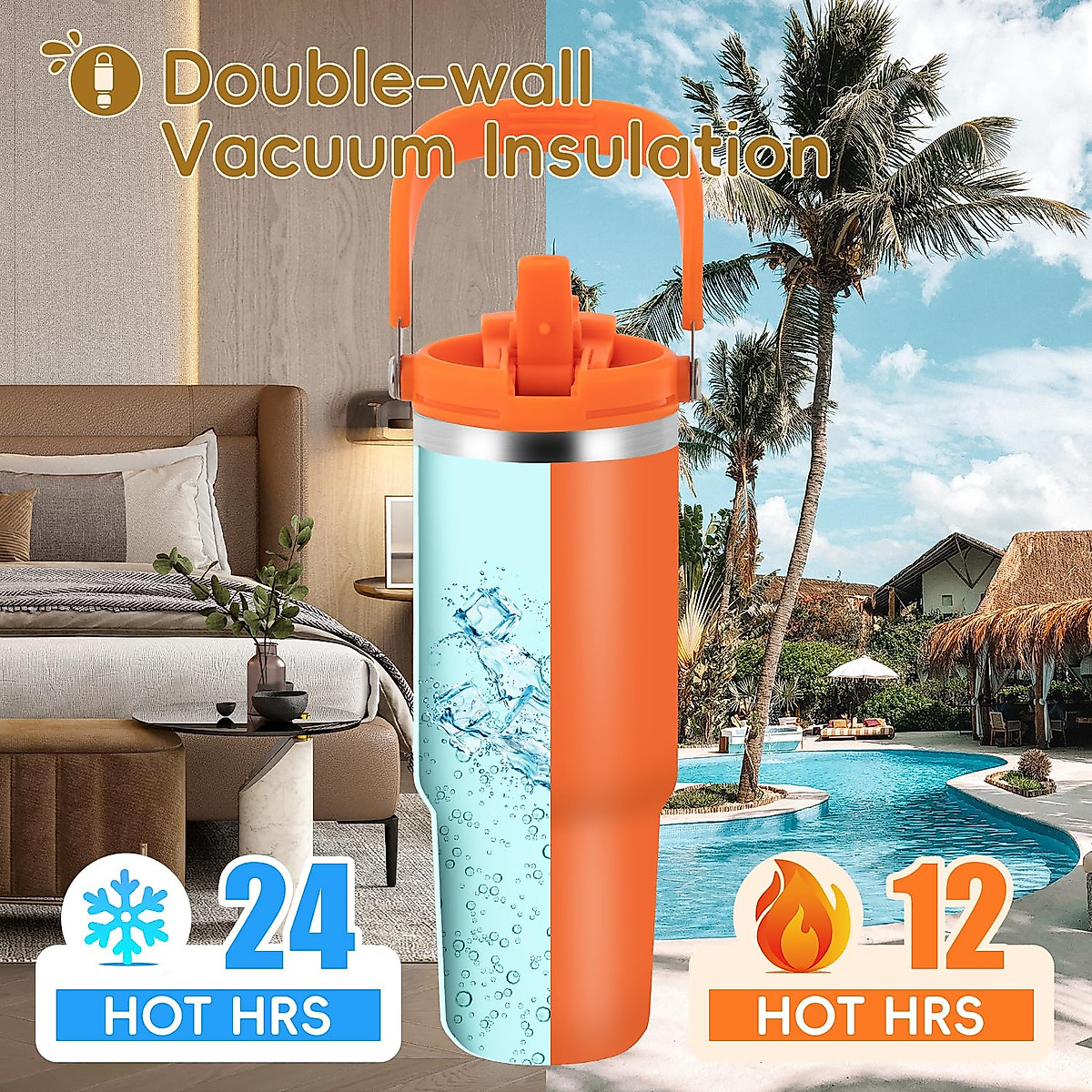 VUSIGN 30 oz Tumbler with Handle and Flip Straw, Stainless Steel Vacuum Insulated Water Bottle Travel Mug Thermal Cup for Home, Office, Car, Outdoors, Sports, Orange