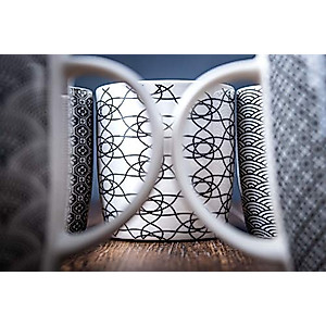 MACHUMA Set of 6 11.5 oz Coffee Mugs with Black and White Geometric Patterns, Ceramic Tea Cup Set