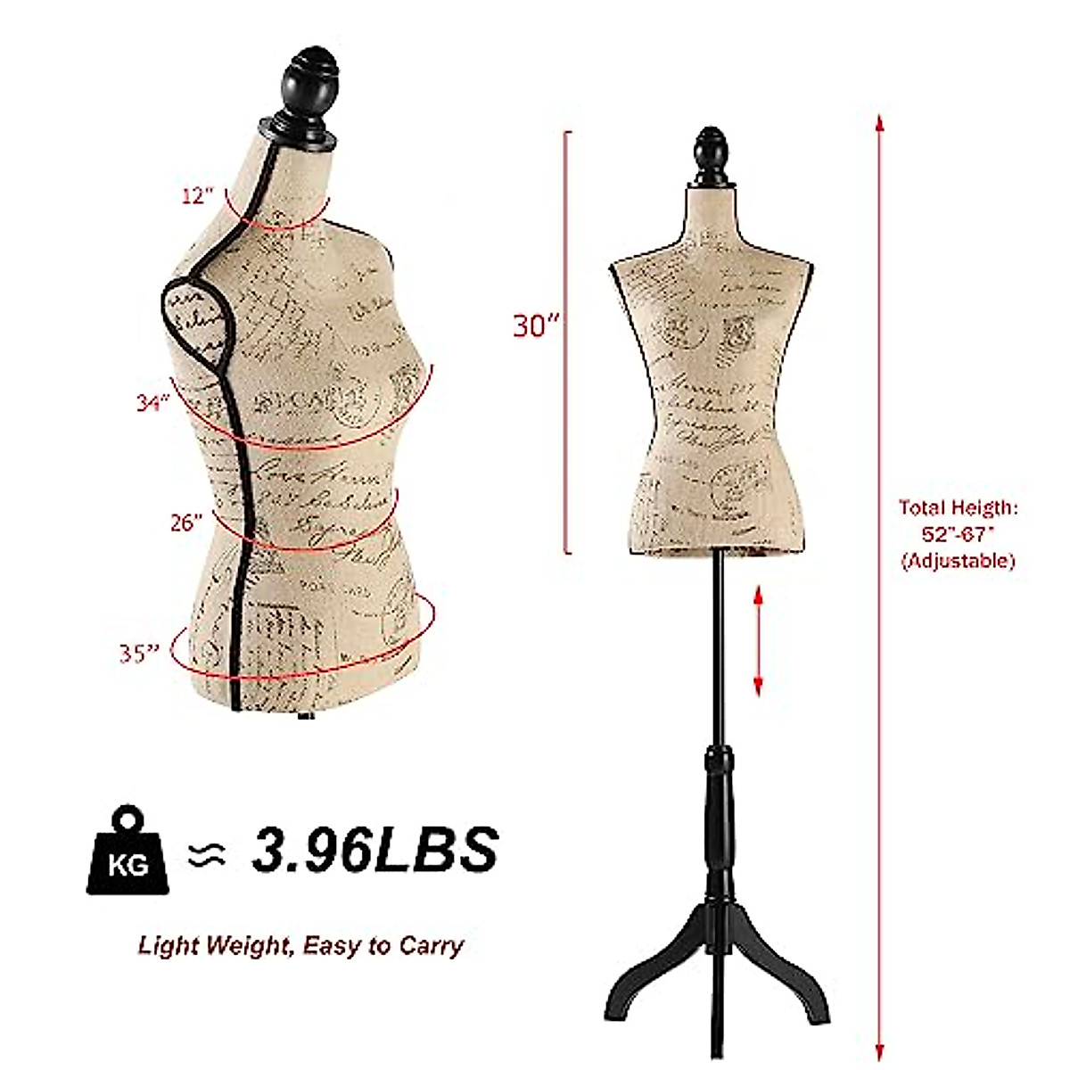 HAORUI Female Dress Form Mannequin Torso Height Adjustable Pinnable Mannequin Body with Sturdy Tripod Stand for Home Decor, Jewelry & Clothing Display (Brown)