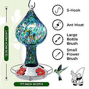 Hummingbird Feeder by Grateful Gnome - Large Hand Blown Stained Glass Feeder for Garden, Patio, Outdoors, Window with Accessories S-Hook, Ant Moat, Brush - 26 fl oz, Purple Speckled Mushroom