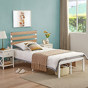 GreenForest Twin Bed Frame with Wooden Headboard Platform Bed with Metal Support Slats NO-Noise Heavy Duty Bed Base Industrial Style with 9 Strong Legs,Mattress Foundation,Twin