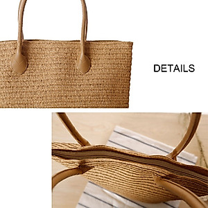 Women's Classic Straw Summer Beach Shoulder Bag Handbag Tote With PU Leather Straps Handmade Purse, White, Medium