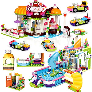 Friends Water Park Cafe Toy Building Set for Kids, 1140 Pieces Coffee Shop Summer Swimming Pool Building Blocks Sets with Storage Box, Friends Sets House Christmas Birthday Gift for Girls Age 6-12