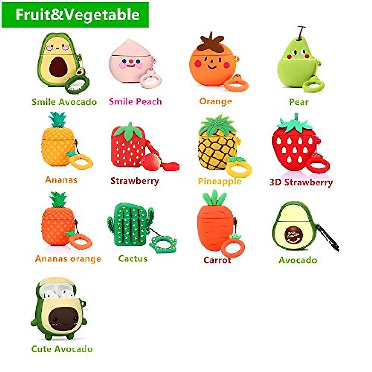 LEWOTE Airpods Silicone Case Funny Cute Cover Compatible for Apple Airpods 1&2[Fruit and Vegetable Series][Best Gift for Girls&boys or Couples] (3D Strawberry)