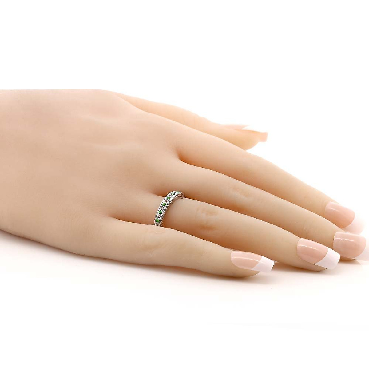 Gem Stone King 925 Sterling Silver Green Simulated Emerald and White Created Sapphire Ring | Anniversary Wedding Band Ring For Women | 0.48 Cttw | Available In Size 5, 6, 7, 8, 9