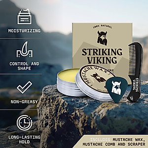 Striking Viking Mustache Wax & Comb Kit - Beard Care for Men with Strong Hold Beeswax- Helps Tame, Style & Groom - Vanilla Scent, 2 Ounce Size - Mens Mustache Grooming Wax