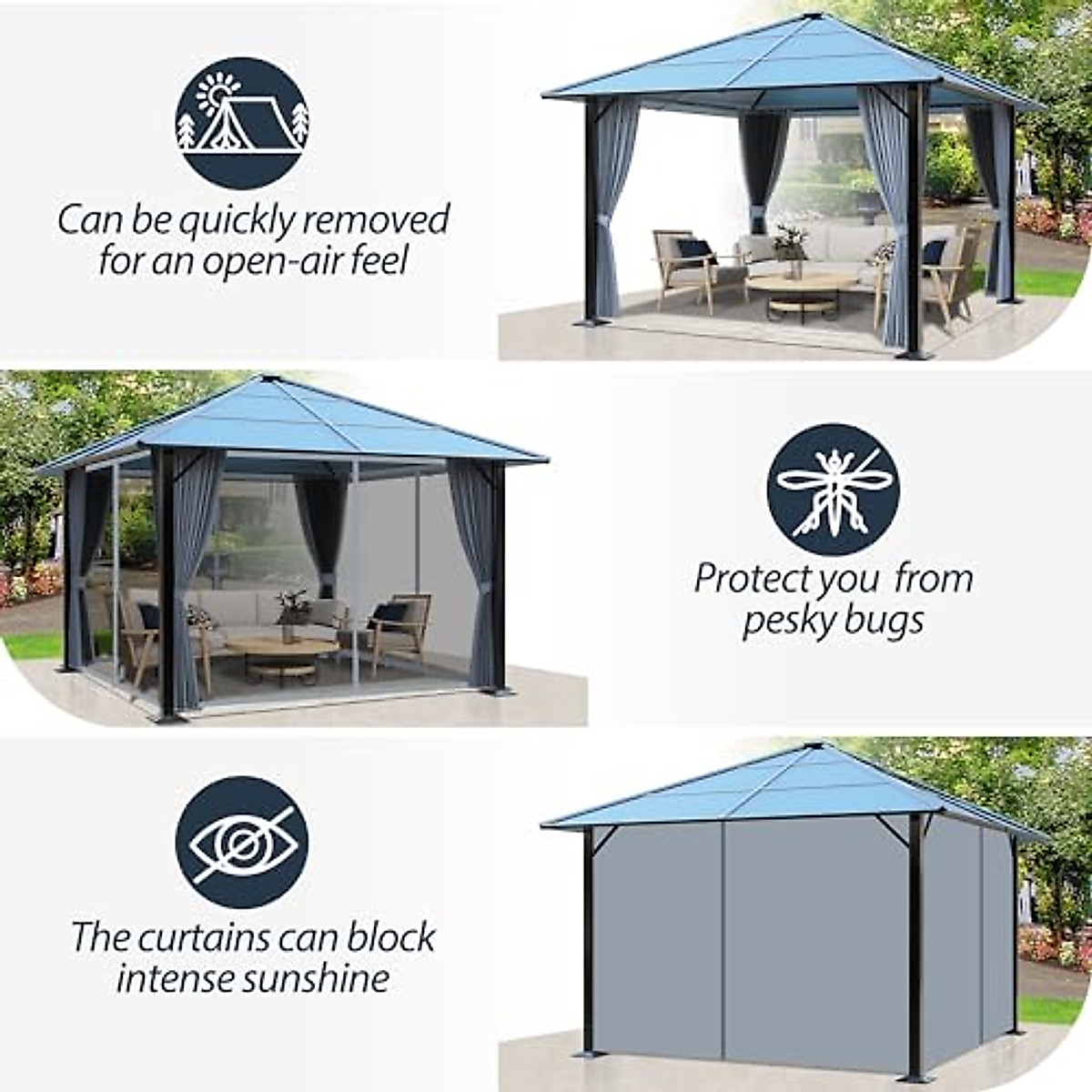 Funny Sunny10'x10' Hardtop Gazebo, Outdoor Gazebo with Translucent Roof, Polycarbonate Top Steel Frame Garden Tent with Breathable Mesh and Privacy Curtains for Patio Lawn Garden Backyard, Gray