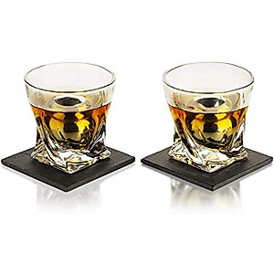Whiskey Stones & Decanter Gift Set for Men & Women, By The Wine Savant, 2 XL Stainless Steel Whiskey Balls, 2 Twist Glasses, Whiskey Decanter, 2 Coasters, Freezer Pouch & Special Tongs in Pinewood Box