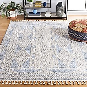Safavieh Chapel Collection Accent Rug - 4' x 6', Blue & Ivory, Rustic Boho Braided Tassel Design, Non-Shedding & Easy Care, Ideal for High Traffic Areas in Entryway, Living Room, Bedroom (CHP404M)