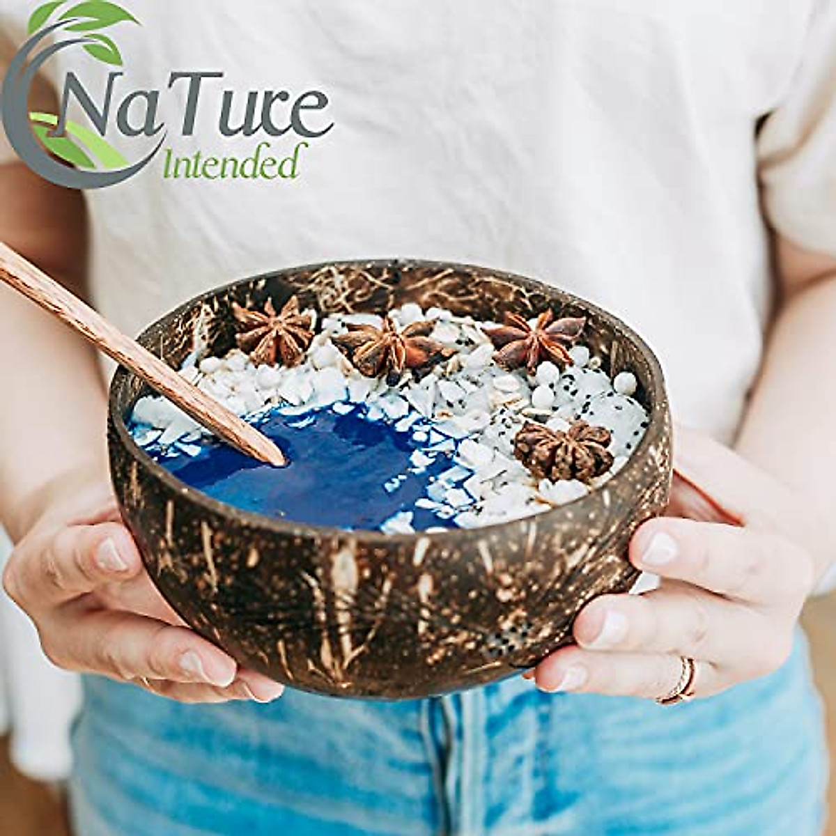 Patterned Jumbo Organic Coconut Bowls with Spoons (coconut bowl), Bamboo Straws, Straw brush and Bamboo Toothbrush (4Pack), Vegan buddha bowl Gifts set. Smoothie bowls, coconut bowls for smoothies.