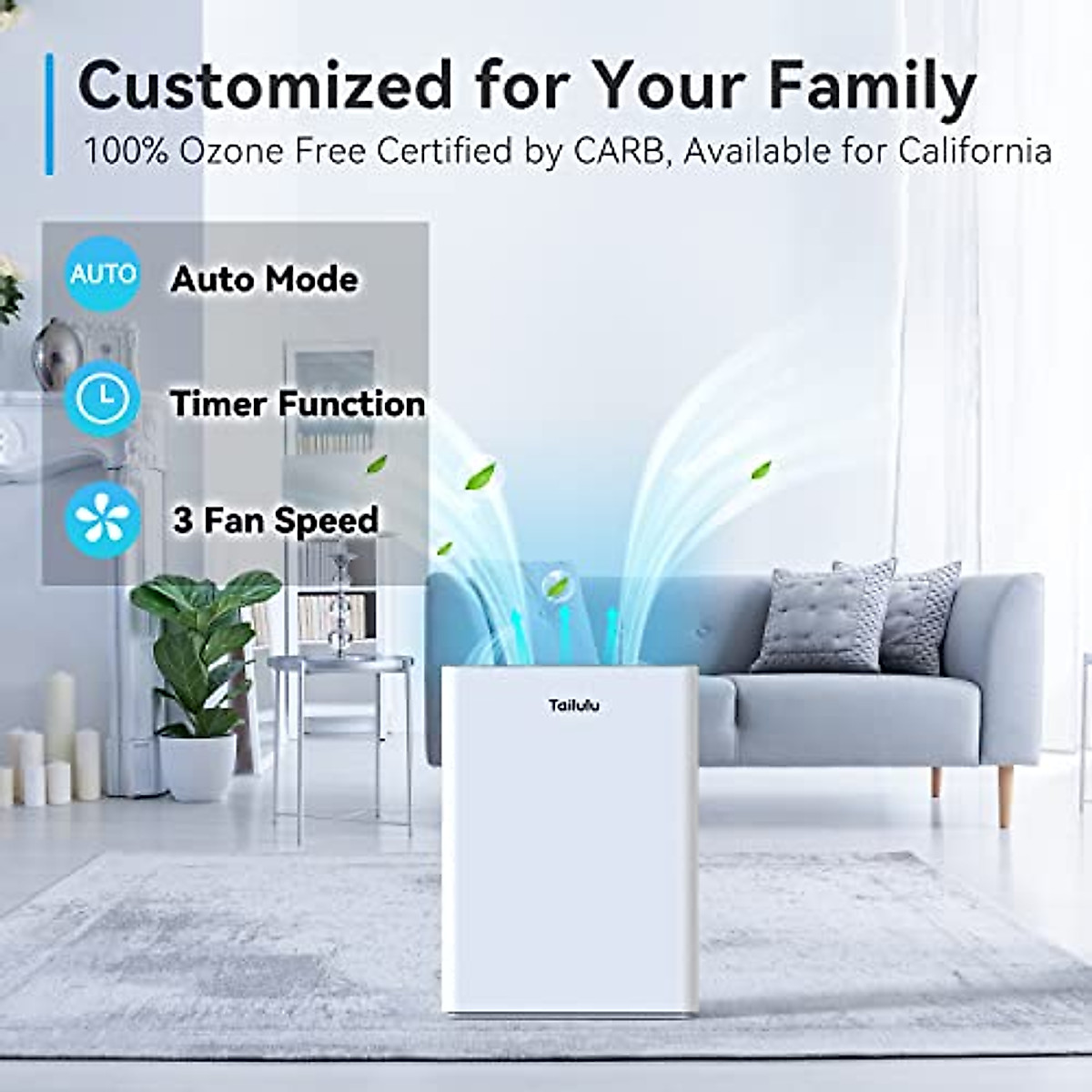 Tailulu H13 True HEPA Machine for Home Large Room up to 1614 Ft², Helpful for Dust Smoke Pollen Allergies Pets Hair Dander, Ozone Free, White