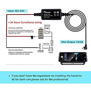 Dash Cam Hardwire Kit, Mini USB Hard Wire Kit Fuse for Dashcam, Plozoe 12V-24V to 5V Car Dash Camera Charger Power Cord, Gift 4 Fuse Tap Cable and Installation Tool（11.5ft