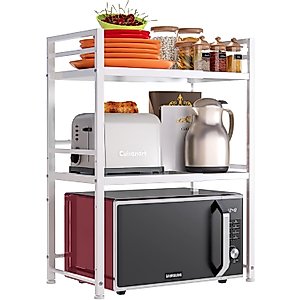 DOLALIKE Microwave Oven Rack, Expandable Microwave Stand Countertop Kitchen Utensils Tableware Storage, Carbon Steel Over Microwave Shelf Countertop 3 Tier with 3 Hooks