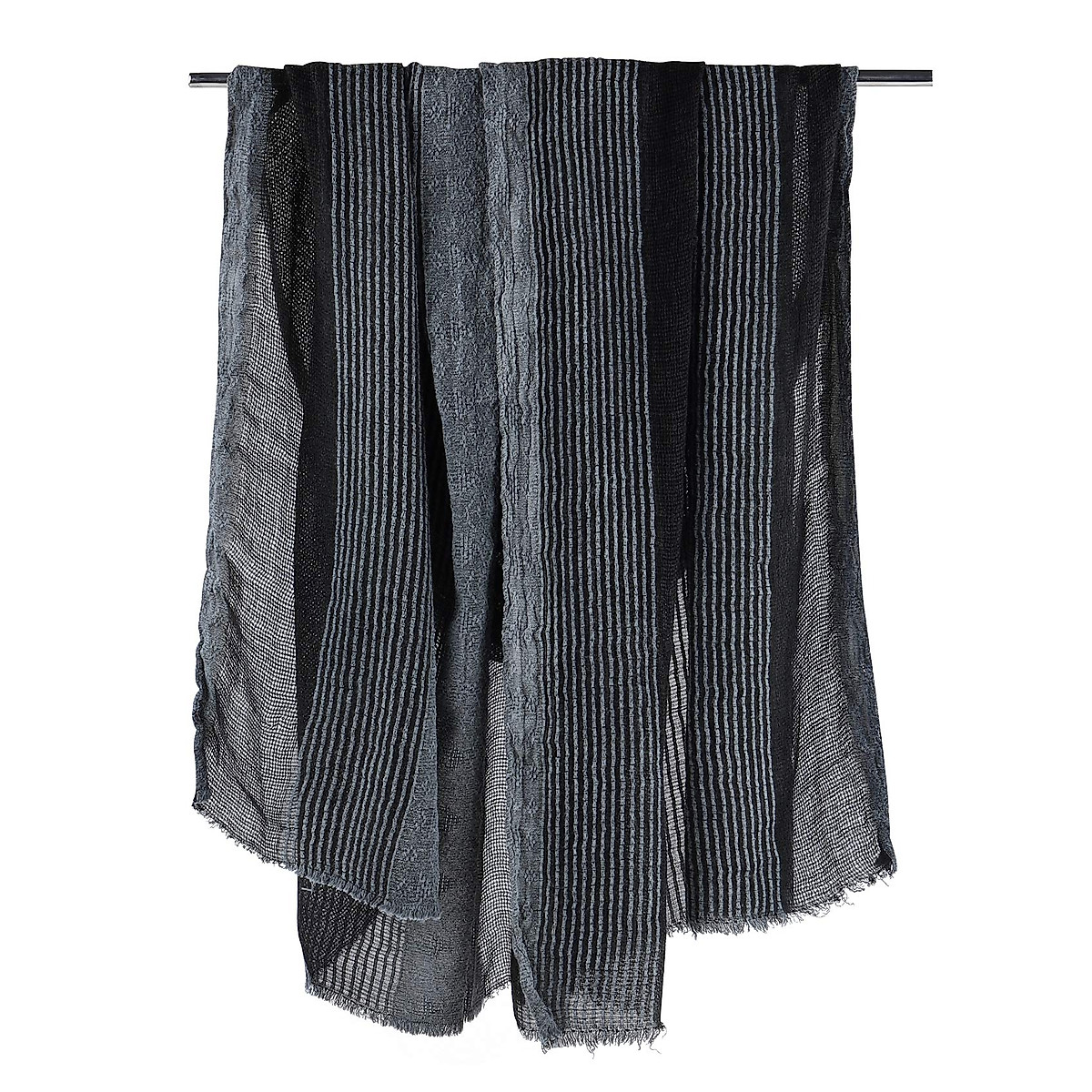 GERINLY Cotton-Linen Scarves Mens Stripe Crinkle Long Scarf Fashion Turban Shawl for Travel Male Wrap (Black)