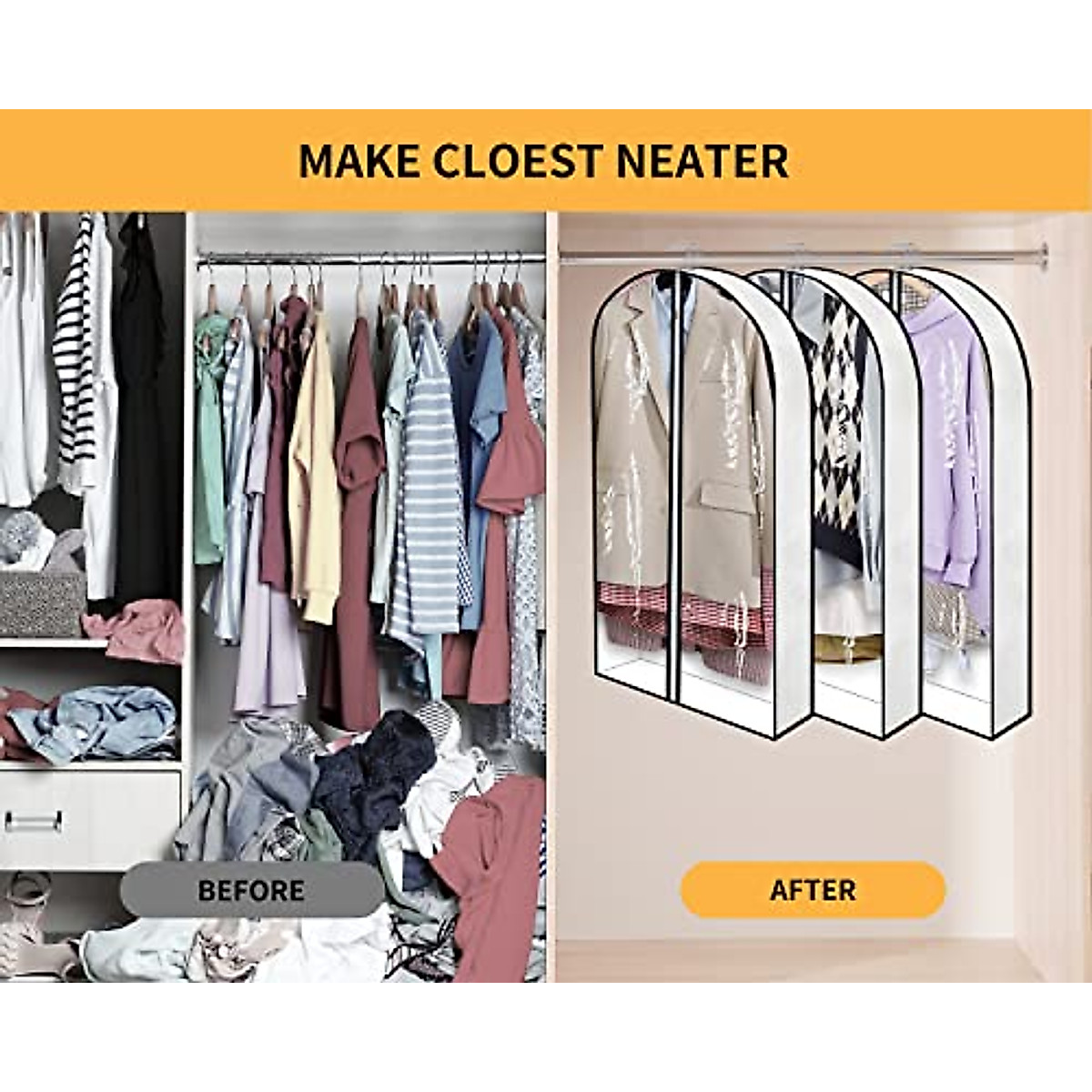 OUPAI 40" Garment Bags for Hanging Clothes Closet Storage with 4" Gussets, Clear Clothes Protectors for Hanging Clothes Suit Cover for Coats, Shirts, Sweaters Storage (White,3 Packs)