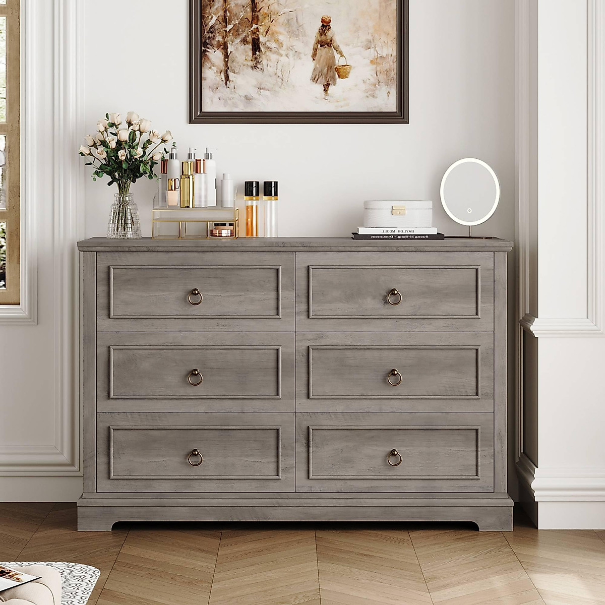 HOSTACK 6 Drawer Double Dresser, Modern Farmhouse Chest of Drawers, Wide Dressers Organizer, Accent Wood Storage Cabinet for Living Room, Hallway, Ash Grey