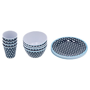Topyond Premium Dark Blue Dot Dinnerware Set for Home and Restaurant,Service for 4(12Pcs),Includes Cups, Salad Bowls, and Plates - Elegant and Durable