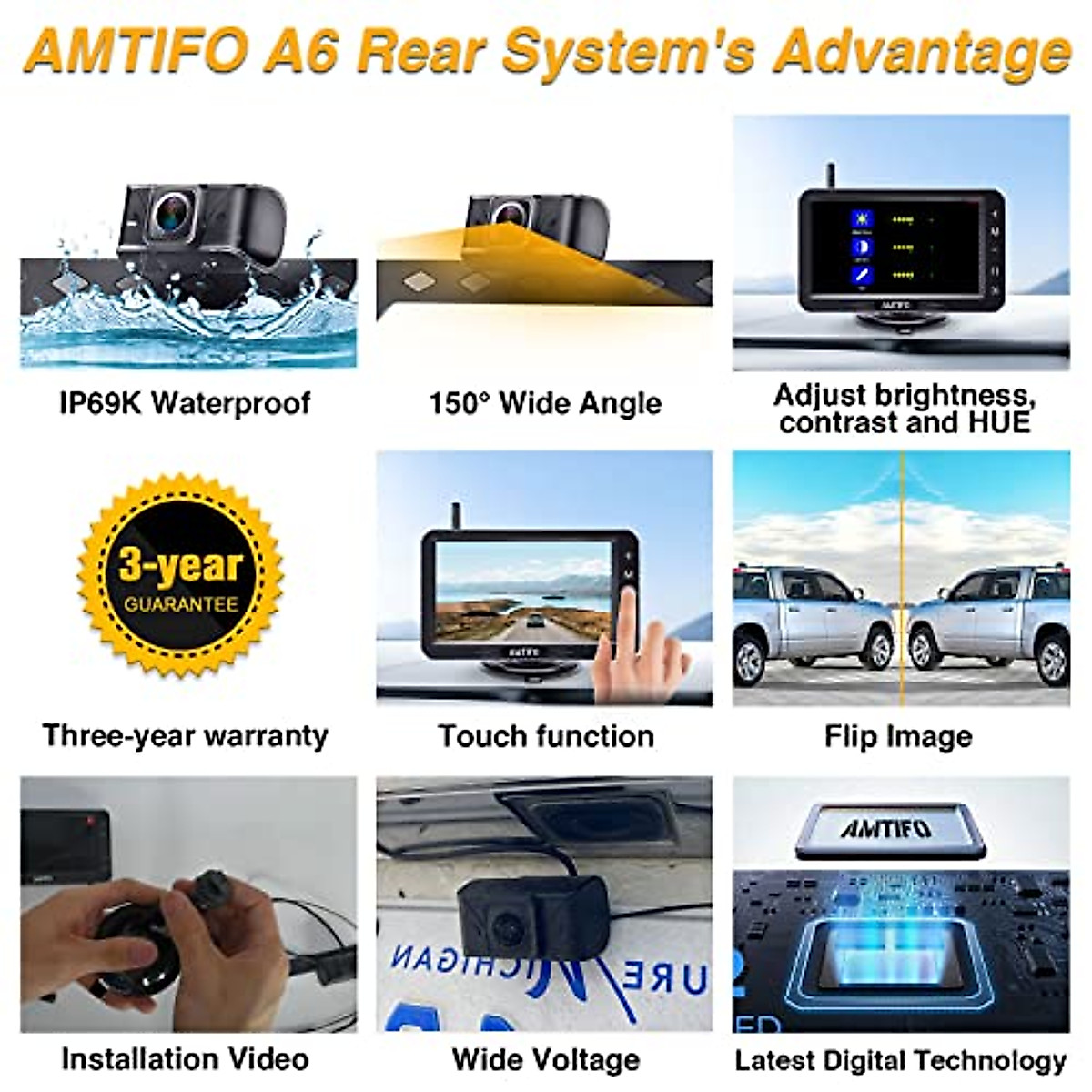 AMTIFO Wireless Backup Camera HD 1080P Bluetooth Rear View 5 Inch Split Screen Touch Key Monitor Car Truck Camper License Plate Cam System 2 Channels Waterproof Clear Night Vision DIY Guide Lines A6