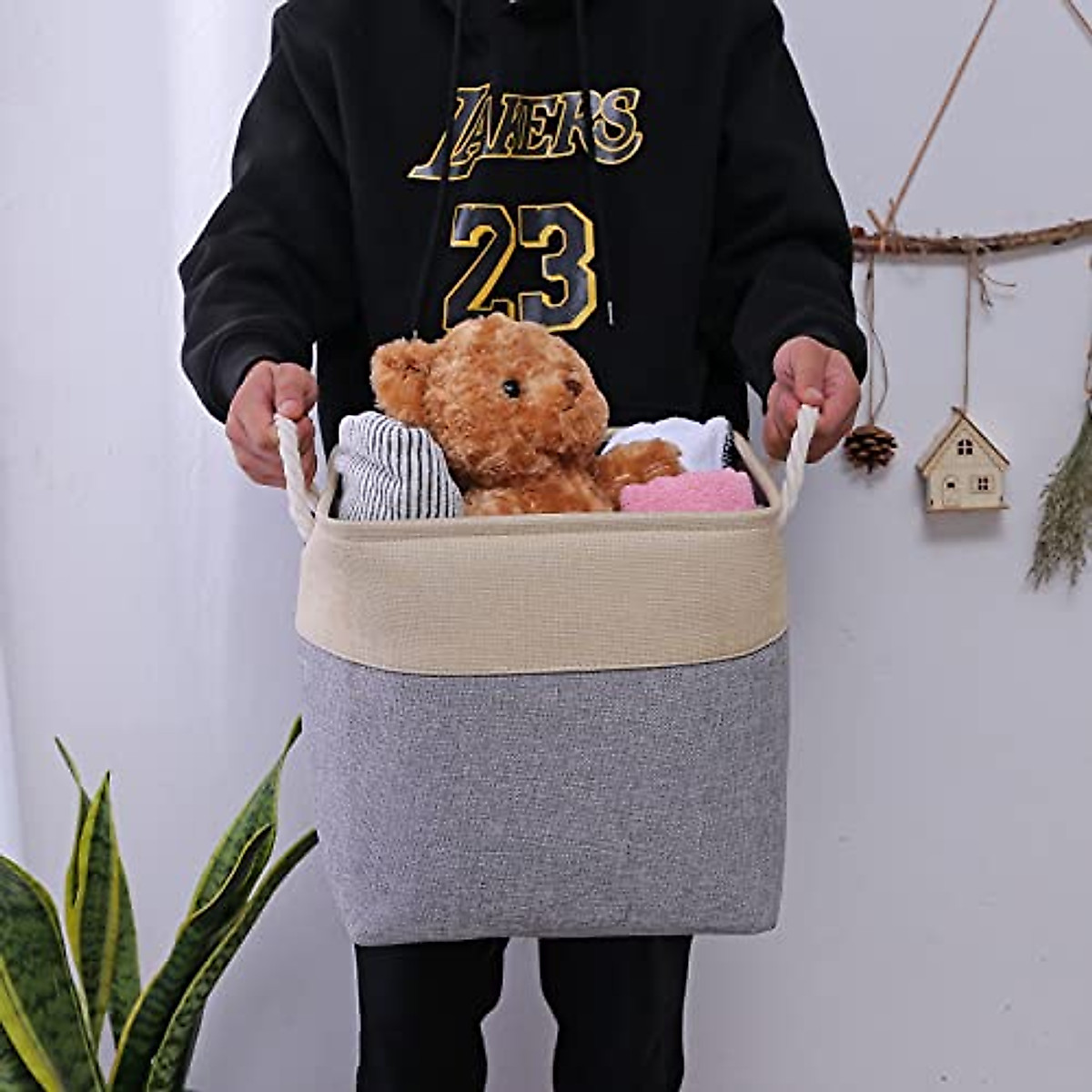 CREADARD Fabric Cube Storage Basket, 13x13x13 inch Foldable Linen Cube Storage Basket for Nursery and Home, Collapsible Canvas Shelf Basket for Wardrobe or Bedroom, Blue and Grey and Beige