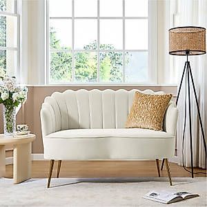 HULALA HOME Modern Velvet Loveseat Sofa with Flower Shaped Back, Comfy Upholstered 2-Seater Sofa with Gold Metal Legs, Small Love Seat Accent Couch for Living Bedroom Leisure Areas, Ivory