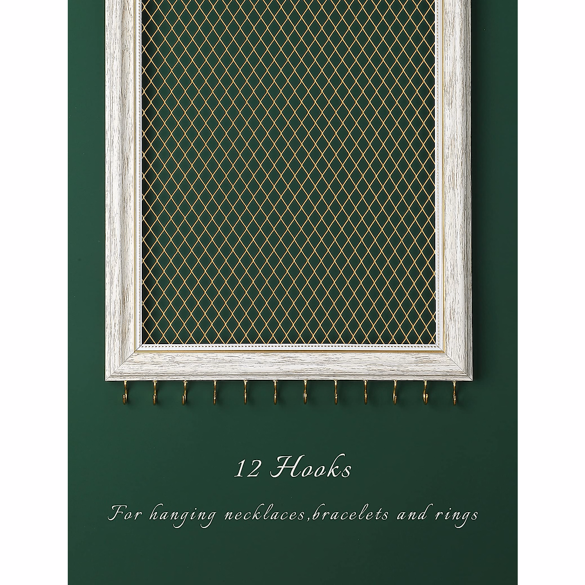 Heesch Hanging Earring Organizer Frame Wall Mounted Jewelry Holder Vintage Rustic Stud Earring Display with Removable Rod and 12 Hooks for Necklaces, Bracelets and Rings (Distressed White)