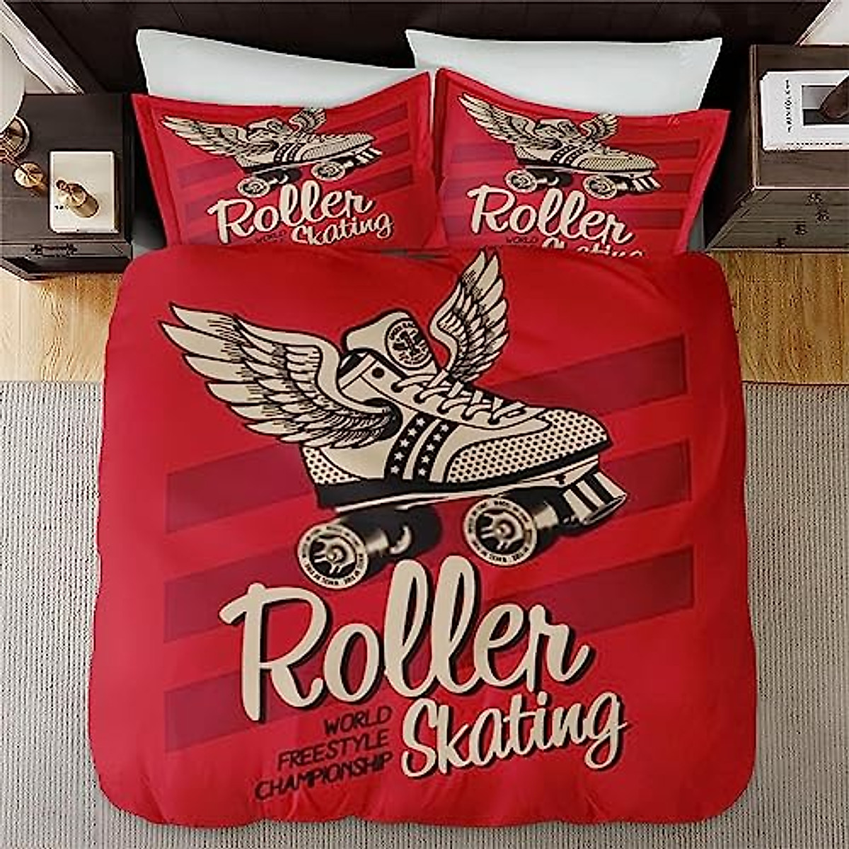 Duvet Cover Queen Size, Vintage Racing Red Exercise Bedding Set with Zipper Closure for Kids and Adults, America Gray Roller Comforter Cover with 2 Pillow Shams for Bedroom Bed Decor