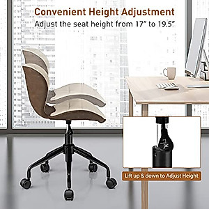 Giantex Home Office Desk Chair, 360° Swivel Height Adjustable Office Chair w/PU Leather, Modern Office Chair, Ergonomic Curved Wood Desk Chairs, Leather Armless Task Chair for Office, Beige & Brown
