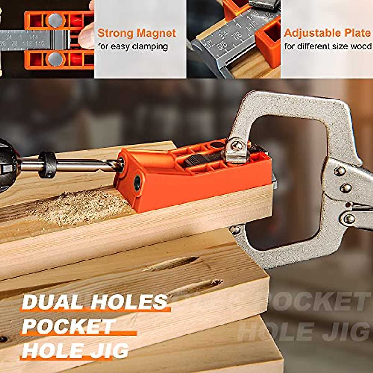 Pocket Hole Jig System Kit, Pocket Screw Jig with 11 Inch Clamp, Square Driver Bit, Hex Wrench, Depth Stop Collar, Step Drill Bit, Coarse Square Driver Screws, All In One for Joinery Work