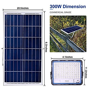 Solar Street Lights 300W Dusk to Dawn Solar Flood Light 35000 Lumens Security Light 6500K Remote Garage Light IP68 Waterproof Commerical Grade Light Sensor for Court,Yard,Garden,Driveway,Parking Lot