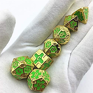 Metal DND Dice Set for Dungeons and Dragons Role Playing Games Tabletop Die (Model B Golden Green Luminous)