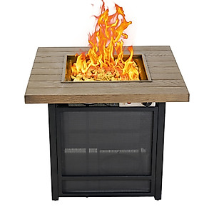 Fire Pit Table, Propane Firepit Outdoor Gas Fire Pits Clearance, 50,000 BTU with Woodgrain Tabletop, Lid, Lava Rocks for Outside Patio, Garden, Deck, Yard