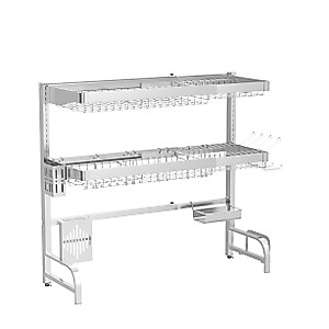 BOOSINY Over Sink Dish Drainer Drying Rack,Adjustable (25.5"-35.5") 3 Tier Large Dish Racks for Kitchen Storage Counter Organizer,Full 304 Stainless Steel Shelf with Utensil Holder and 10 Hooks