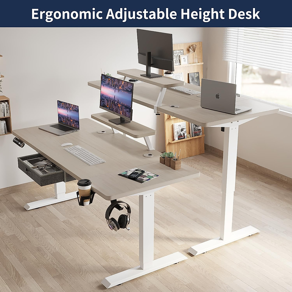 HEONAM Electric Standing Desk with Drawer, 63x30 Inches Height Adjustable Sit Stand Up Desk with Storage Shelf, Home Office Desk Computer Workstation with White Pearwood Top/White Frame