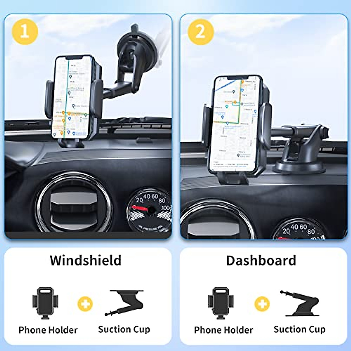 FBB Phone Mount for Car, [ Off-Road Level Suction Cup Protection ] 3in1 Long Arm Suction Cup Holder Universal Cell Phone Holder Mount Dashboard Windshield Vent Compatible with All Smartphones