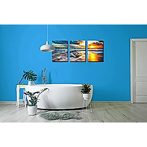 Canvas Wall Art Beach Sunset Ocean Waves Nature Pictures HD Prints 3 Pieces Stretched Canvas Wooden Framed Artwork for living Room Bedroom and Office living Room Wall Decor Size:12"x16"x3
