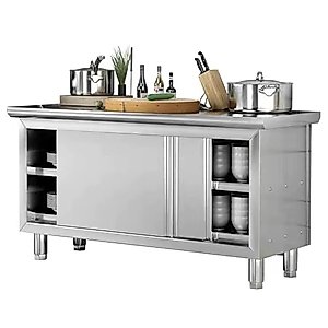 Commercial Kitchen Storage Work Table Thickened Stainless Steel Material Preparation Table Large Space Storage Cabinet Chopping Table Metal Table Sturdy and Stable(100x50x80cm)