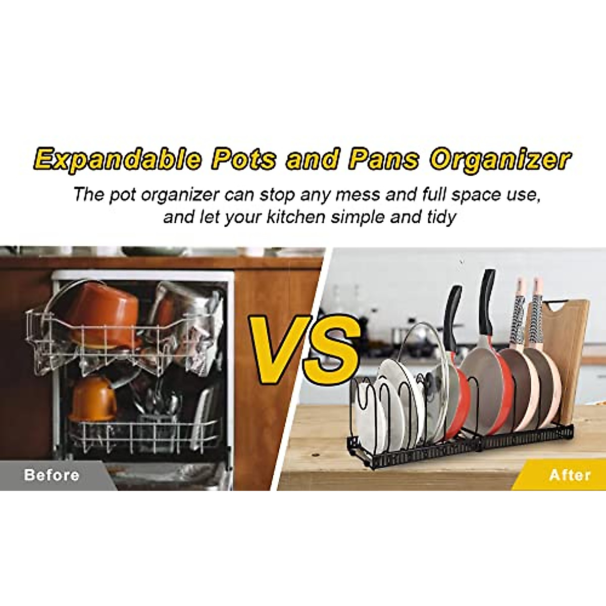 Pots and Pans Organizer Lid Organizer Dishes Bakeware Storage Rack Expandable Black Rack Holder with 10PCS Adjustable Compartment for Kitchen Cabinet Cupboard Drawer Counter